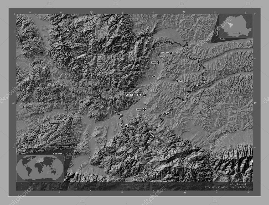 Alba, county of Romania. Bilevel elevation map with lakes and rivers ...