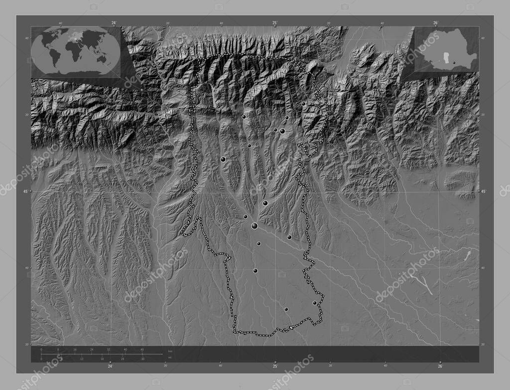 Arges, county of Romania. Bilevel elevation map with lakes and rivers ...