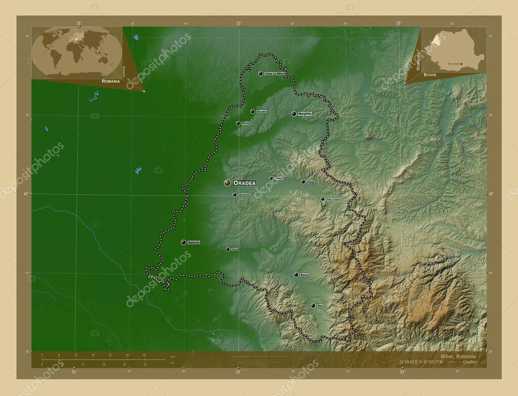 Bihor, county of Romania. Colored elevation map with lakes and rivers ...