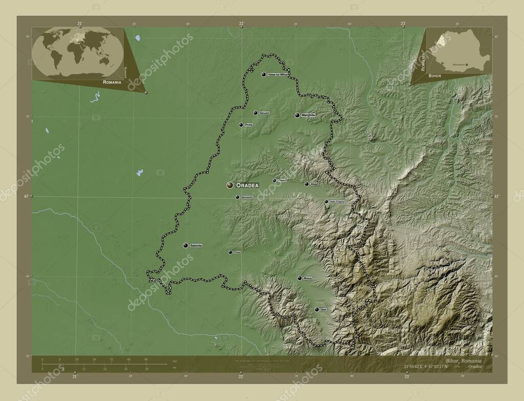 Bihor, county of Romania. Elevation map colored in wiki style with ...