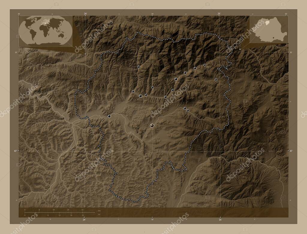 Bistrita-Nasaud, county of Romania. Elevation map colored in sepia ...