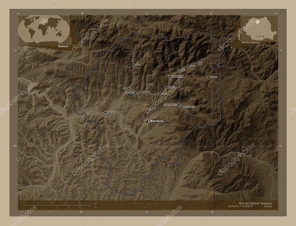 Bistrita-Nasaud, county of Romania. Elevation map colored in sepia ...