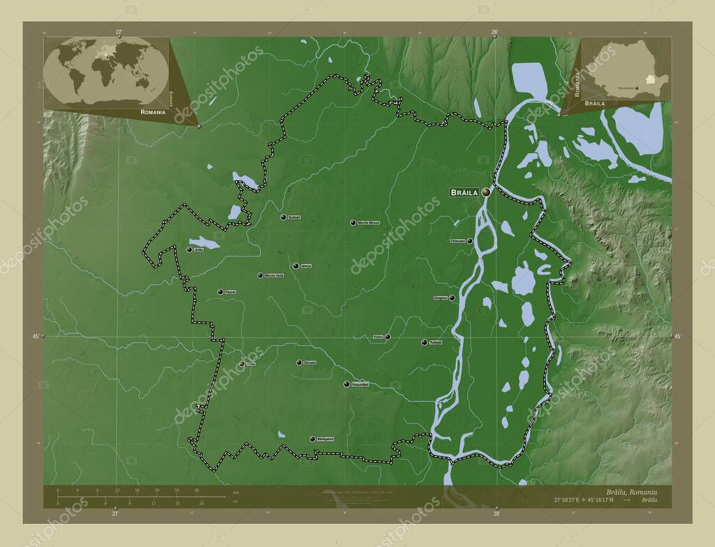 Braila, county of Romania. Elevation map colored in wiki style with ...