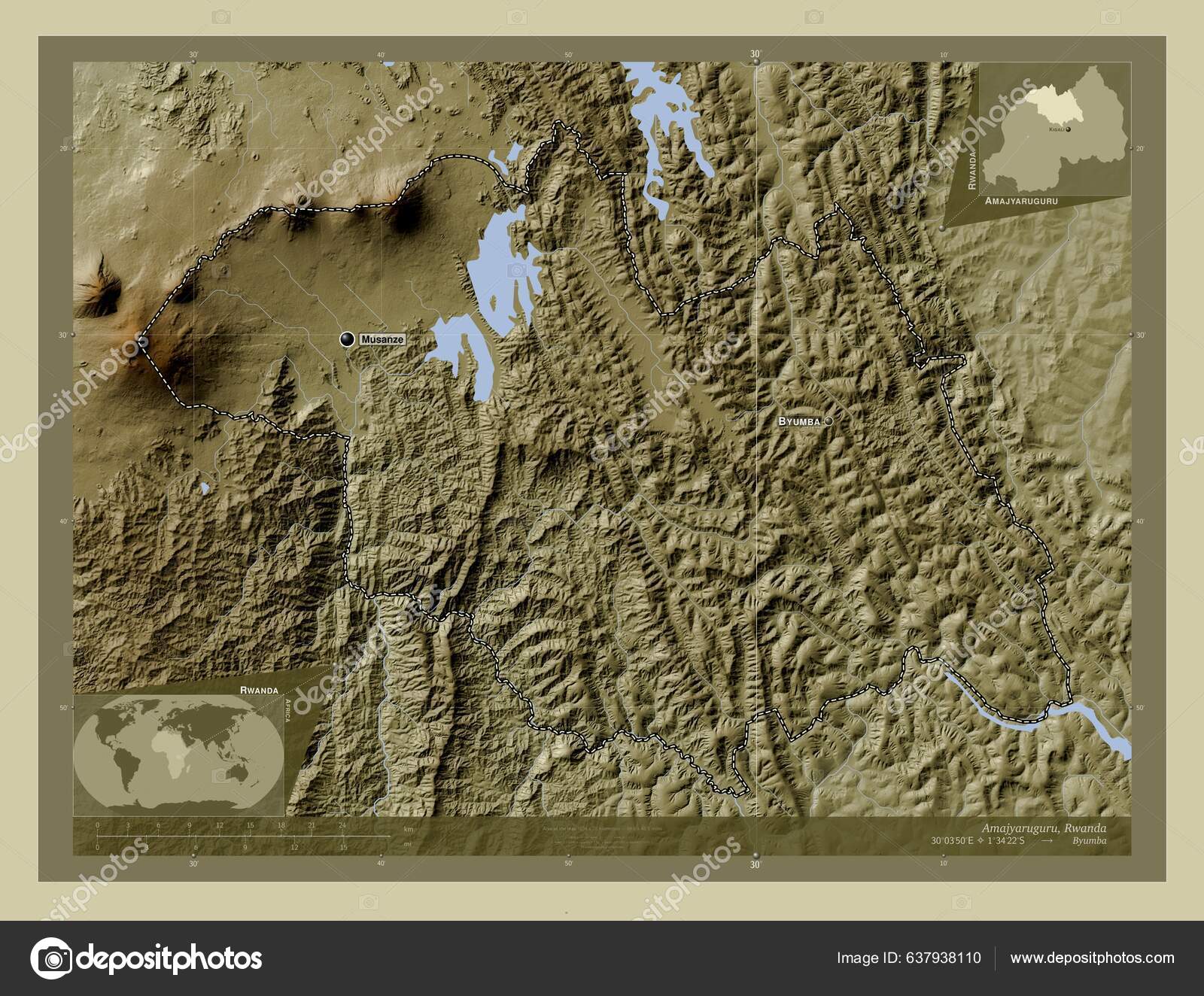 Amajyaruguru Province Rwanda Elevation Map Colored Wiki Style Lakes Rivers — Stock Photo ...