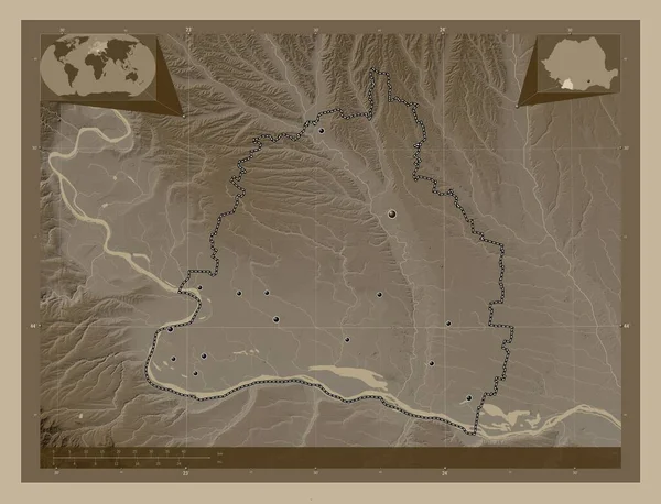 Dolj, county of Romania. Elevation map colored in sepia tones with ...