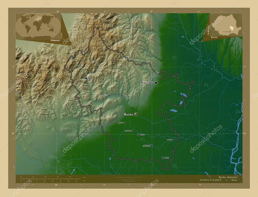 Buzau, county of Romania. Colored elevation map with lakes and rivers ...