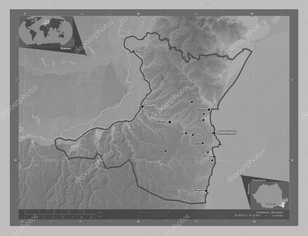 Constanta, county of Romania. Grayscale elevation map with lakes and ...