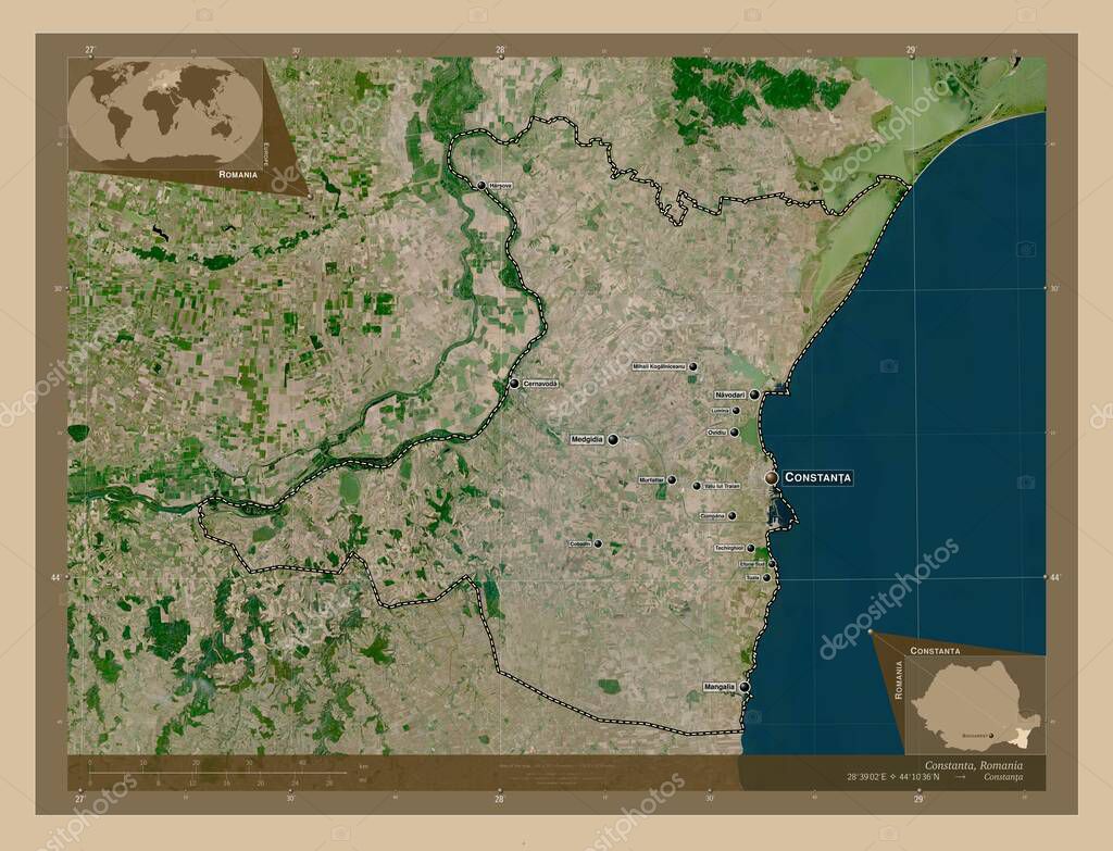 Constanta, county of Romania. Low resolution satellite map. Locations ...