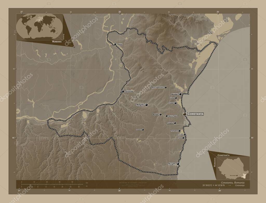 Constanta, county of Romania. Elevation map colored in sepia tones with ...