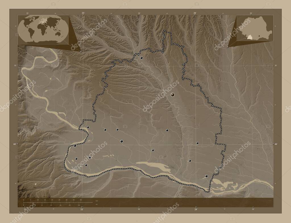 Dolj, county of Romania. Elevation map colored in sepia tones with ...