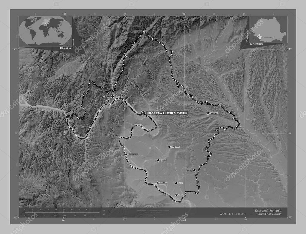 Mehedinti, county of Romania. Grayscale elevation map with lakes and ...