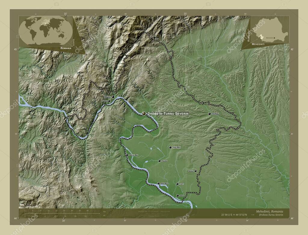 Mehedinti, county of Romania. Elevation map colored in wiki style with ...