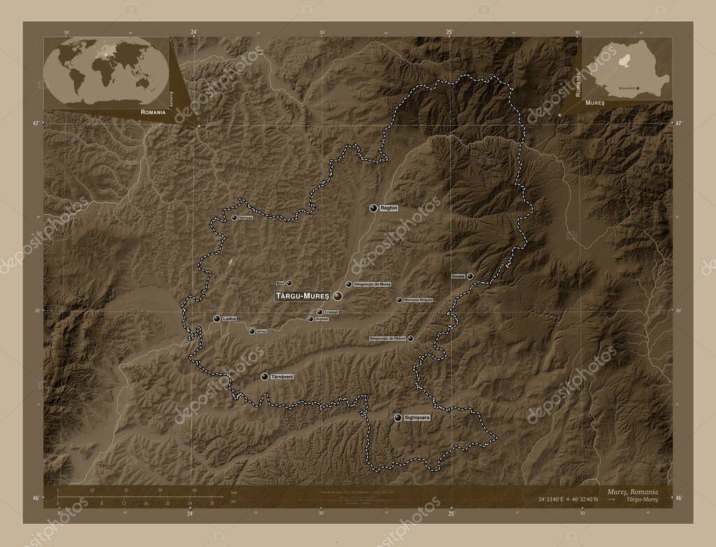 Mures, county of Romania. Elevation map colored in sepia tones with ...