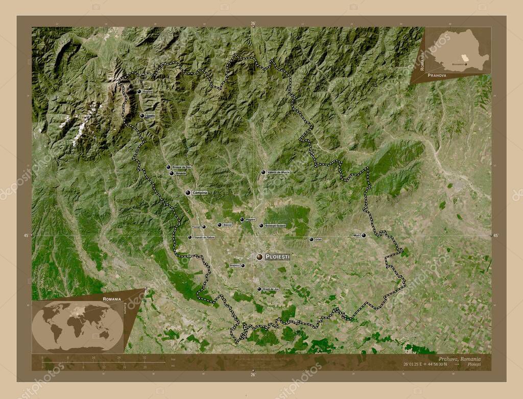 Prahova, county of Romania. Low resolution satellite map. Locations and ...