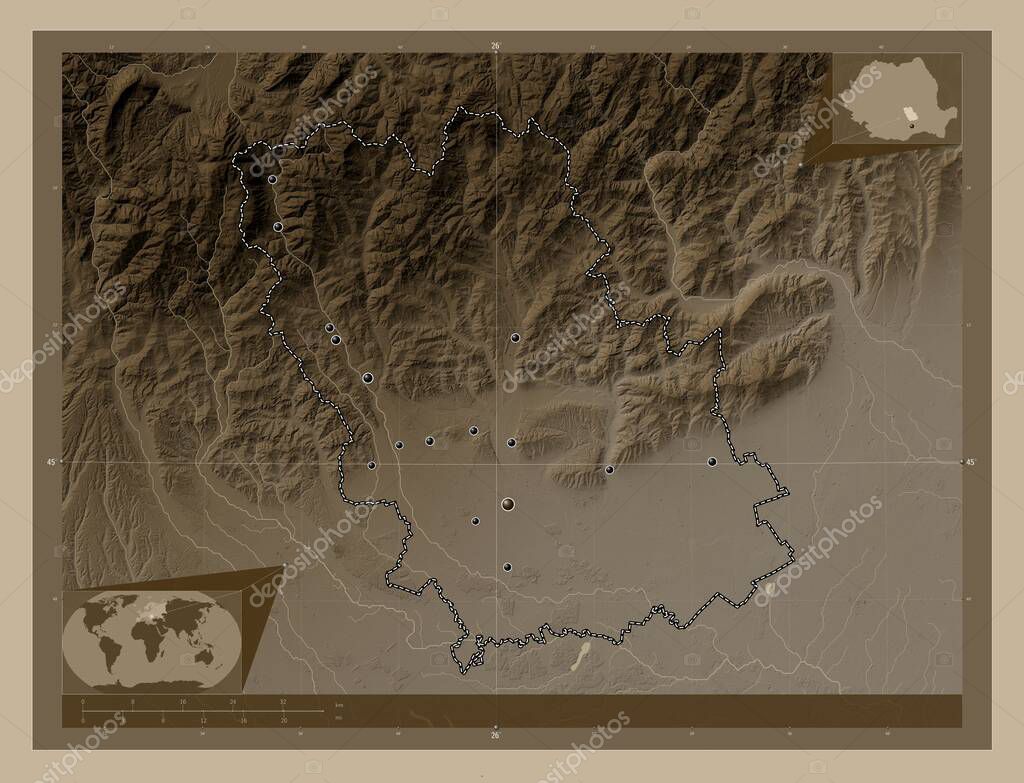 Prahova, county of Romania. Elevation map colored in sepia tones with ...