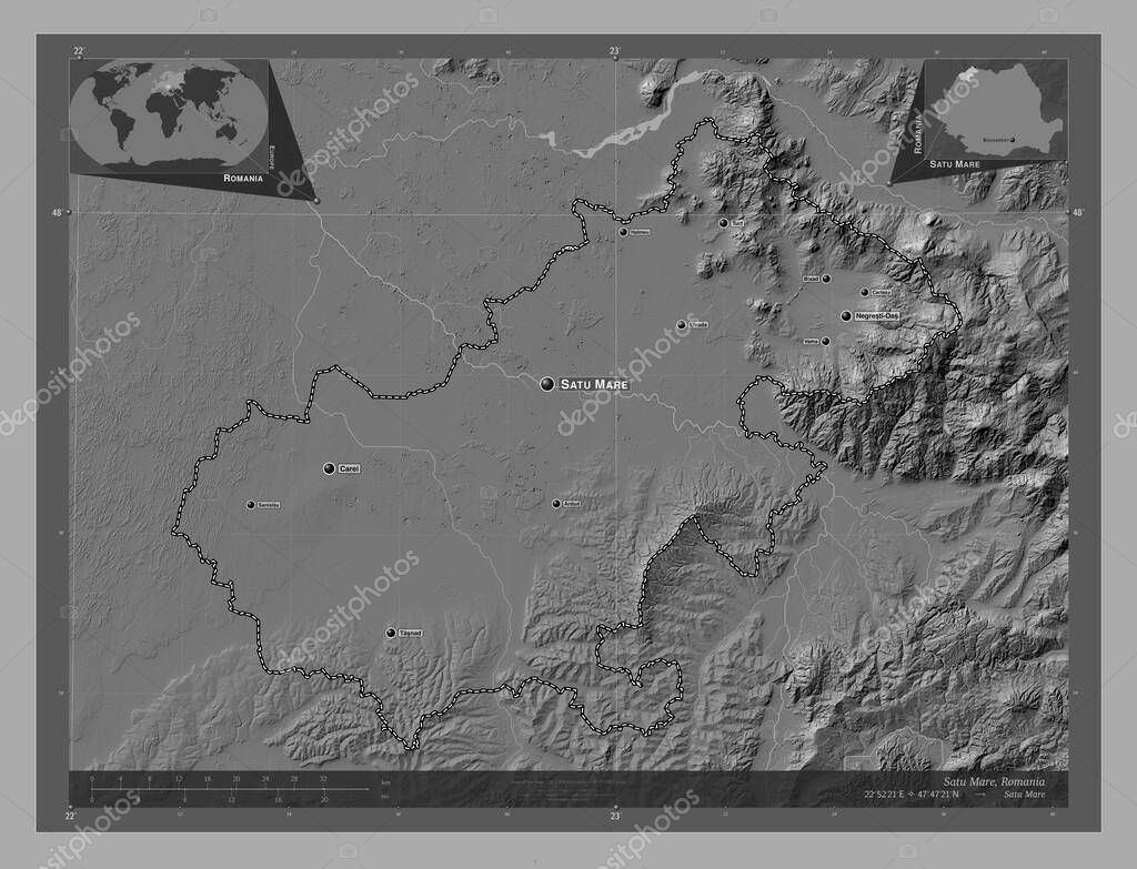Satu Mare, county of Romania. Bilevel elevation map with lakes and ...
