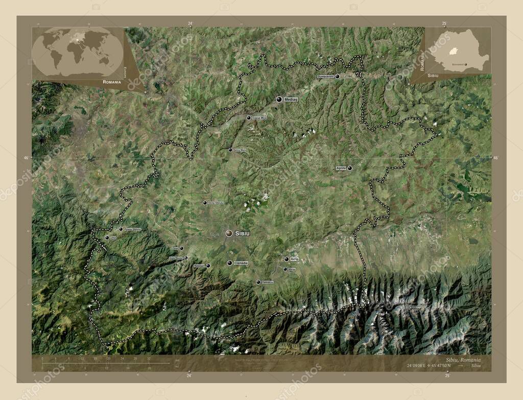 Sibiu, county of Romania. High resolution satellite map. Locations and ...