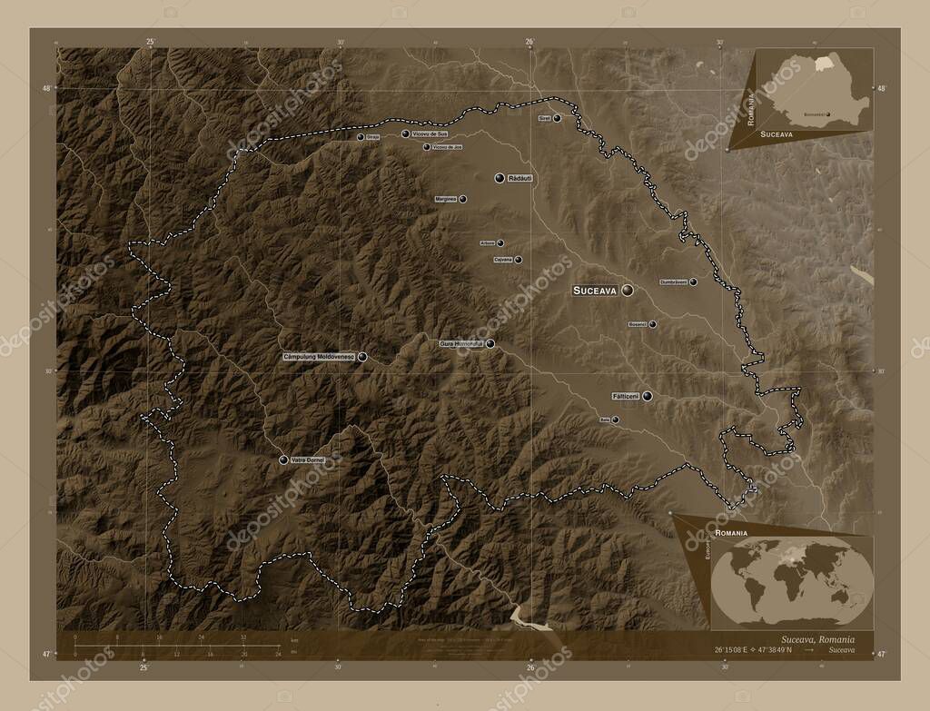 Suceava, county of Romania. Elevation map colored in sepia tones with ...