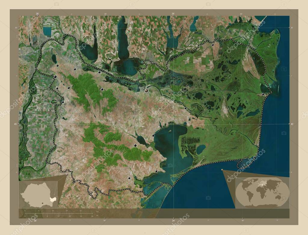 Tulcea, county of Romania. High resolution satellite map. Locations of ...