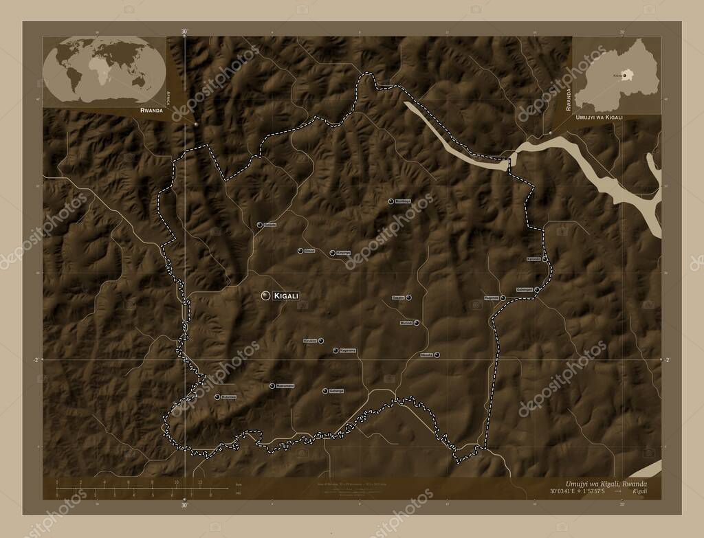 Umujyi wa Kigali, province of Rwanda. Elevation map colored in sepia ...