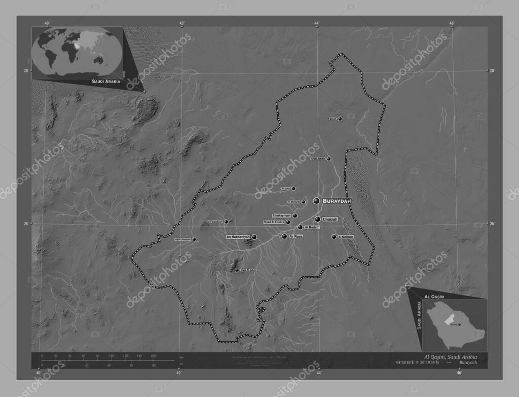 Al Qasim, region of Saudi Arabia. Bilevel elevation map with lakes and ...