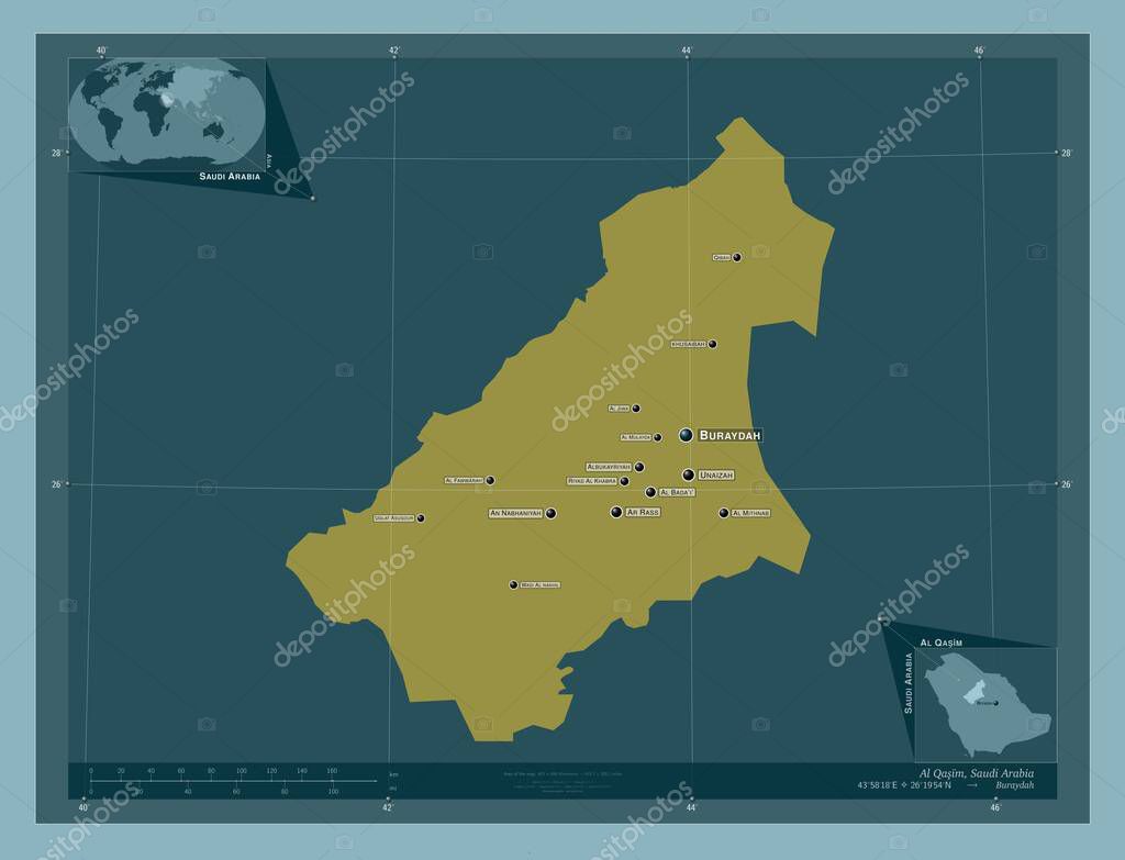 Al Qasim, region of Saudi Arabia. Solid color shape. Locations and ...