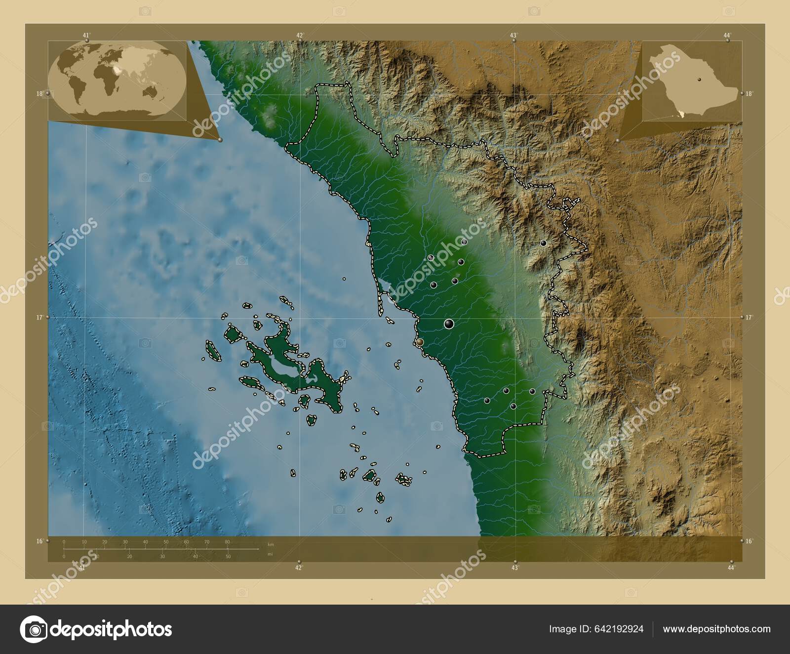 Jazan Region Saudi Arabia Colored Elevation Map Lakes Rivers Locations ...