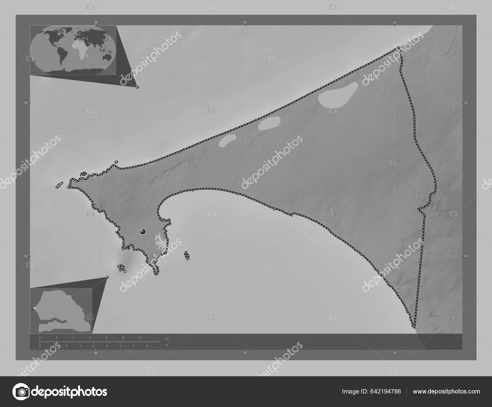 Dakar Region Senegal Grayscale Elevation Map Lakes Rivers Corner ...