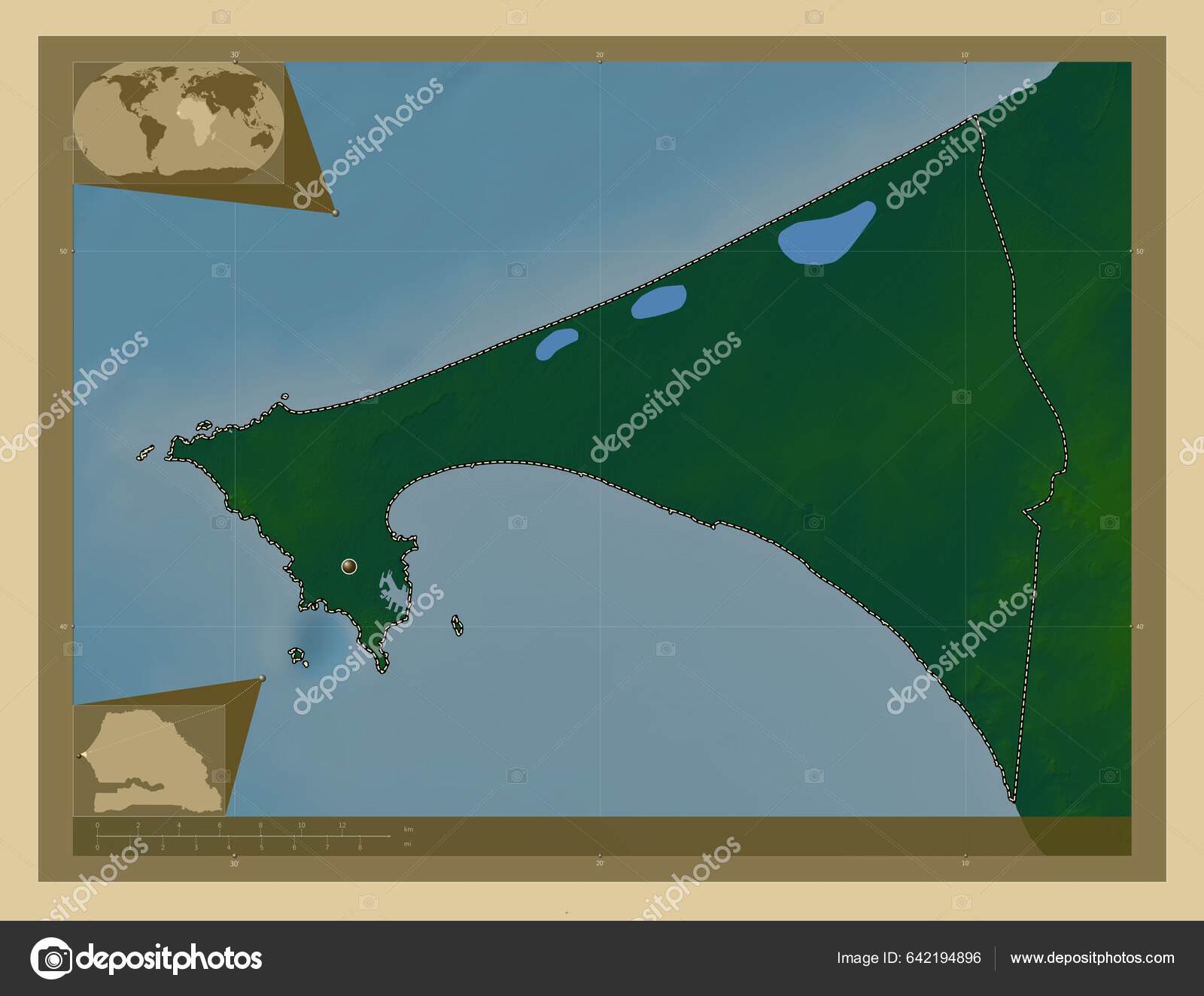 Dakar Region Senegal Colored Elevation Map Lakes Rivers Locations Major ...