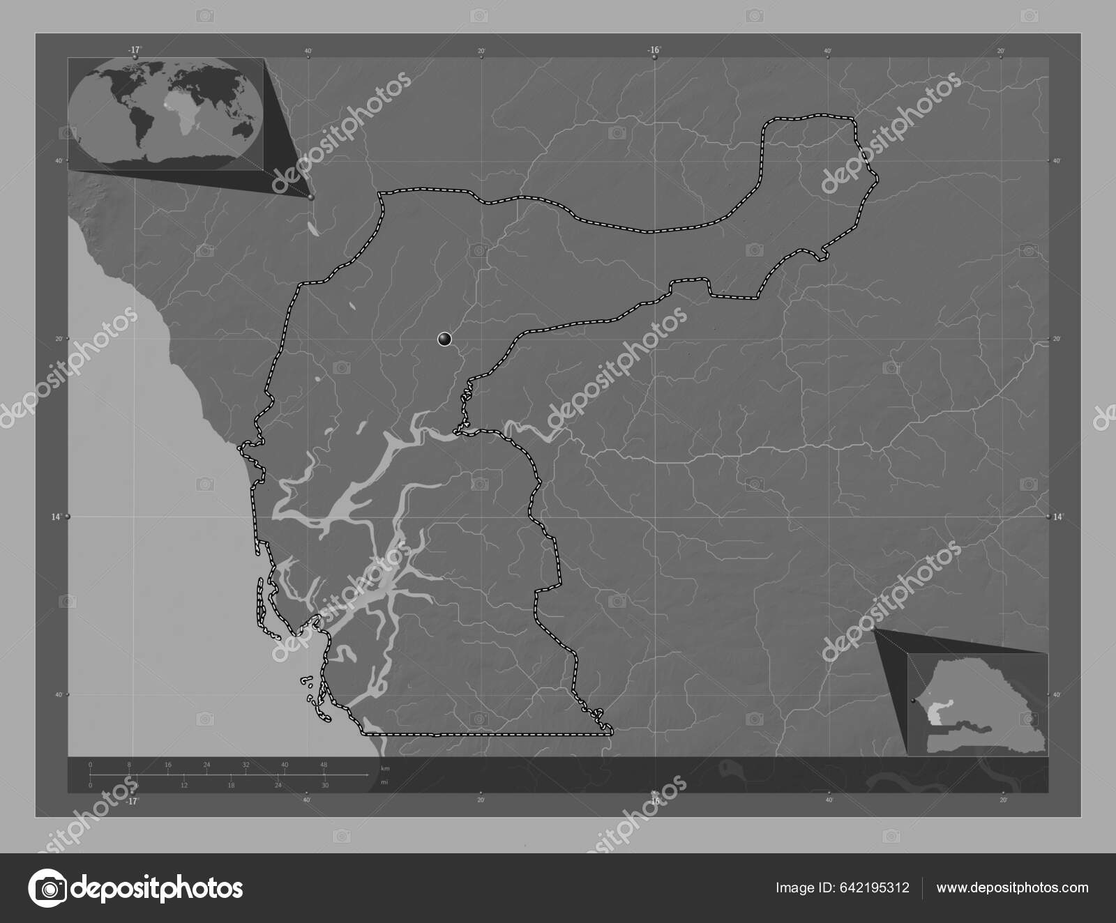 Fatick Region Senegal Bilevel Elevation Map Lakes Rivers Corner ...