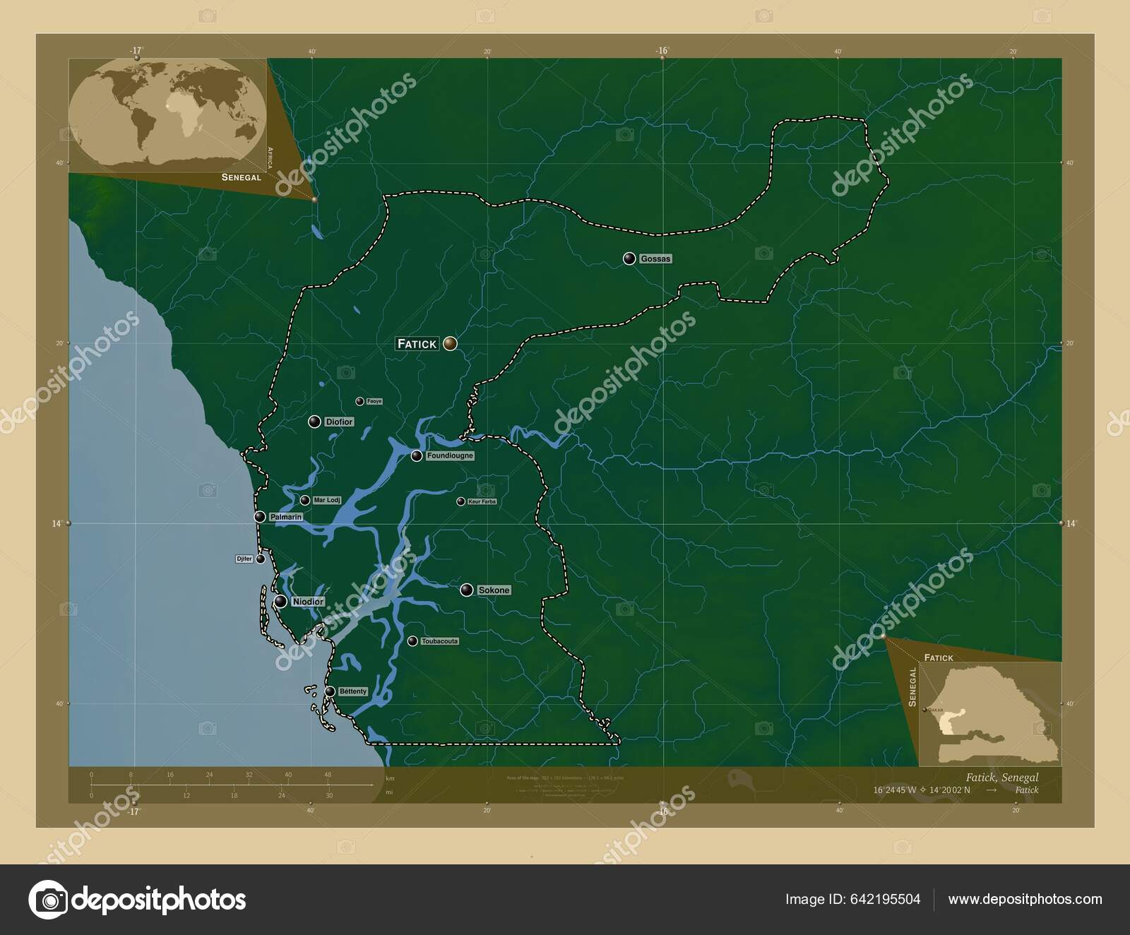 Fatick Region Senegal Colored Elevation Map Lakes Rivers Locations ...