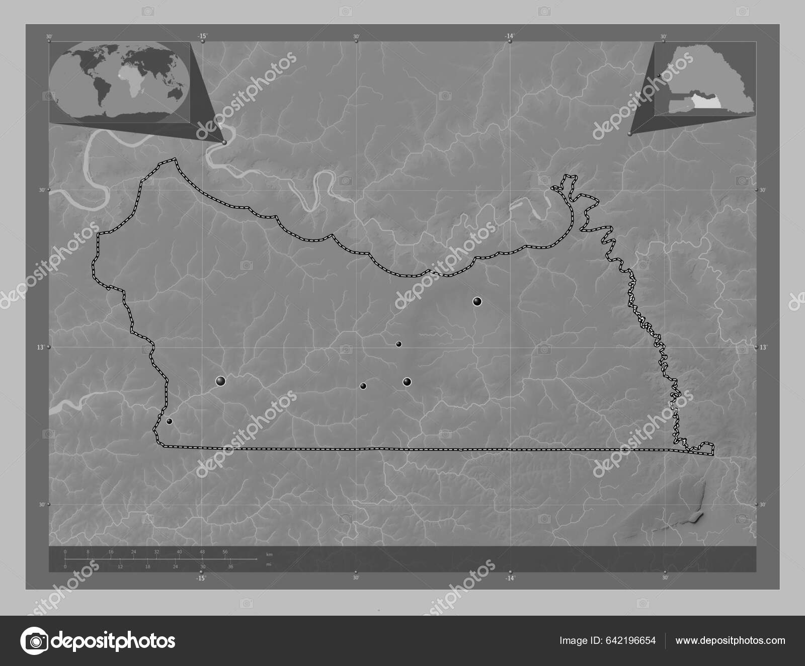 Kolda Region Senegal Grayscale Elevation Map Lakes Rivers Locations ...