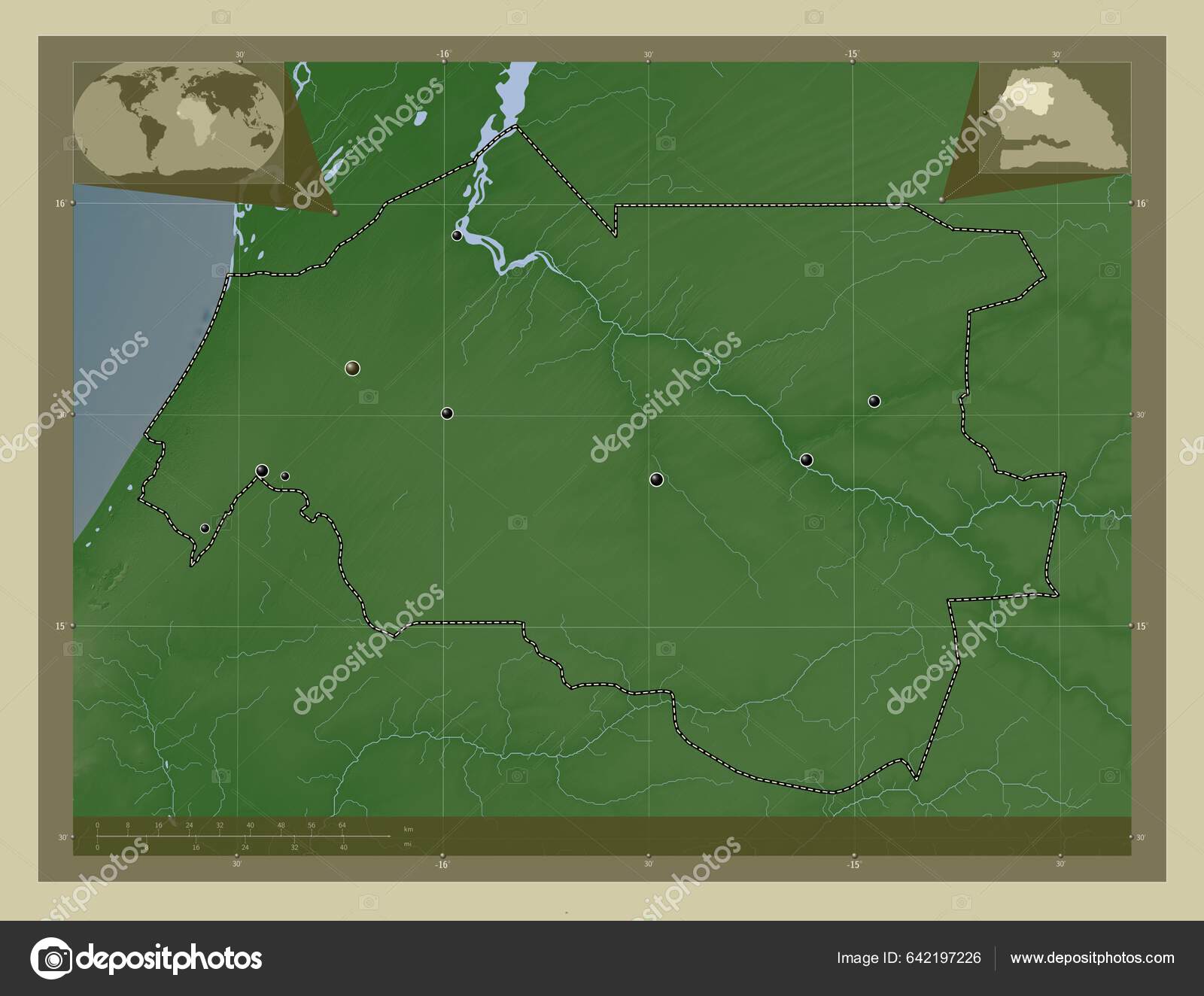 Louga Region Senegal Elevation Map Colored Wiki Style Lakes Rivers ...