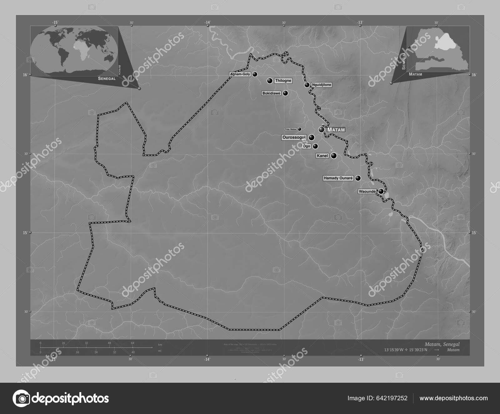 Matam Region Senegal Grayscale Elevation Map Lakes Rivers Locations ...