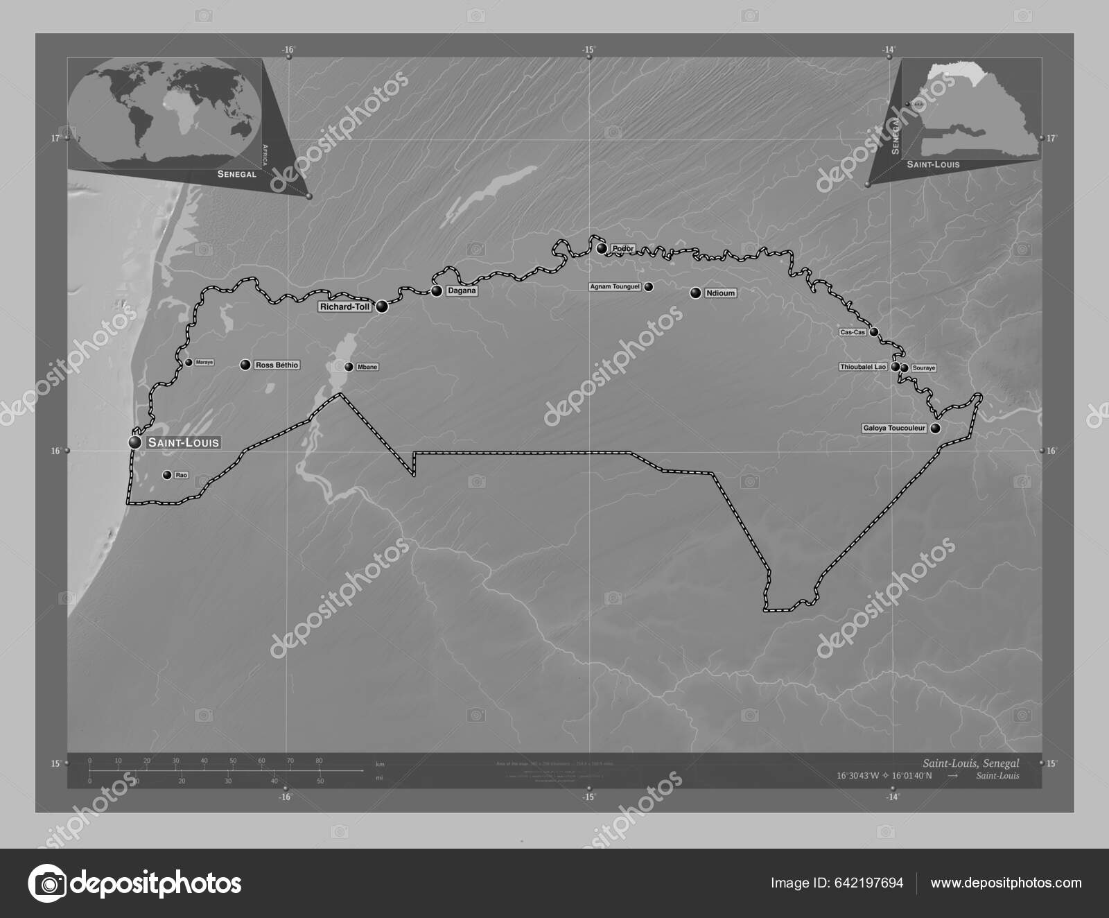 Saint Louis Región Senegal Mapa Elevación Escala Grises Con Lagos ...