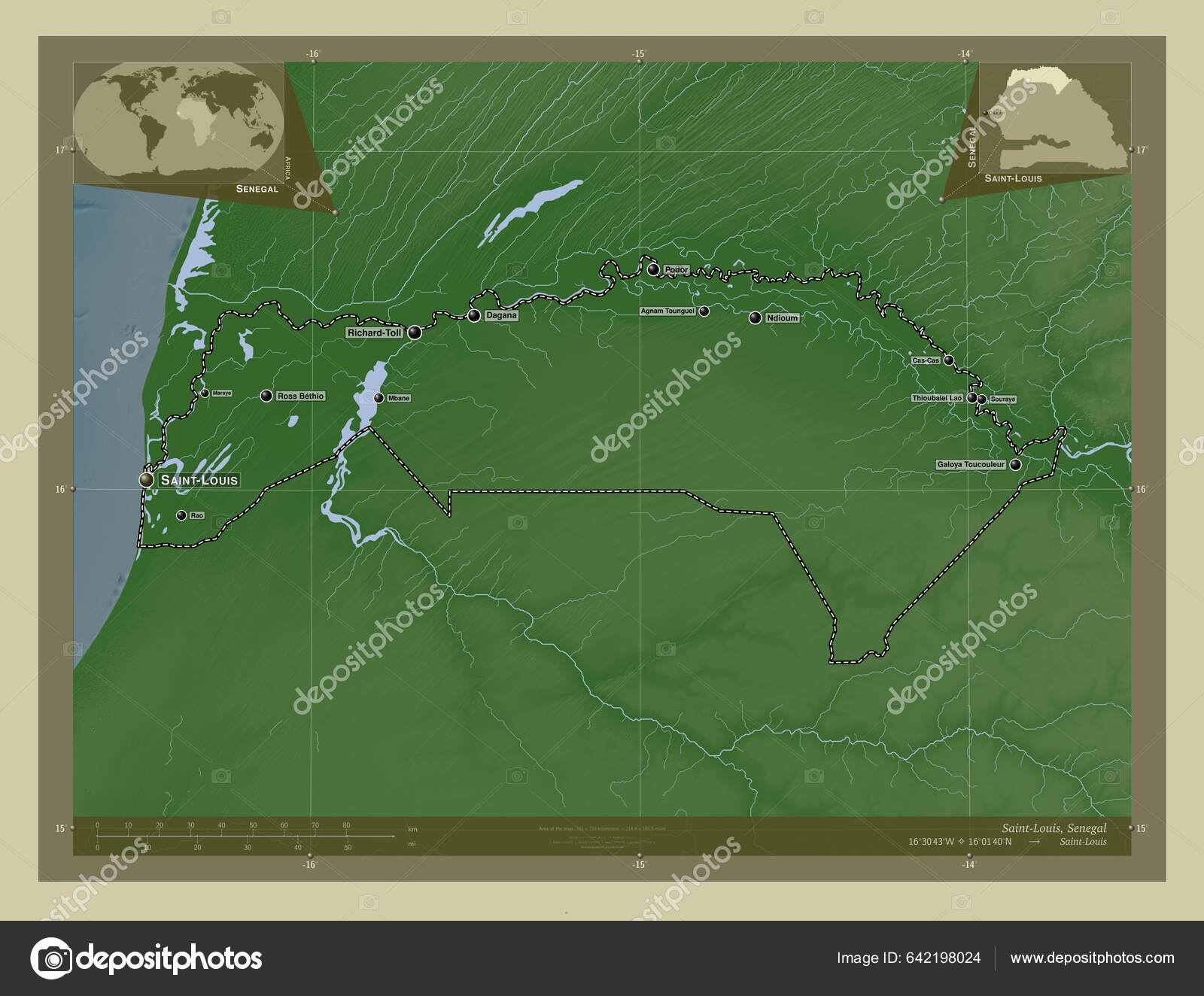 Saint Louis Region Senegal Elevation Map Colored Wiki Style Lakes ...