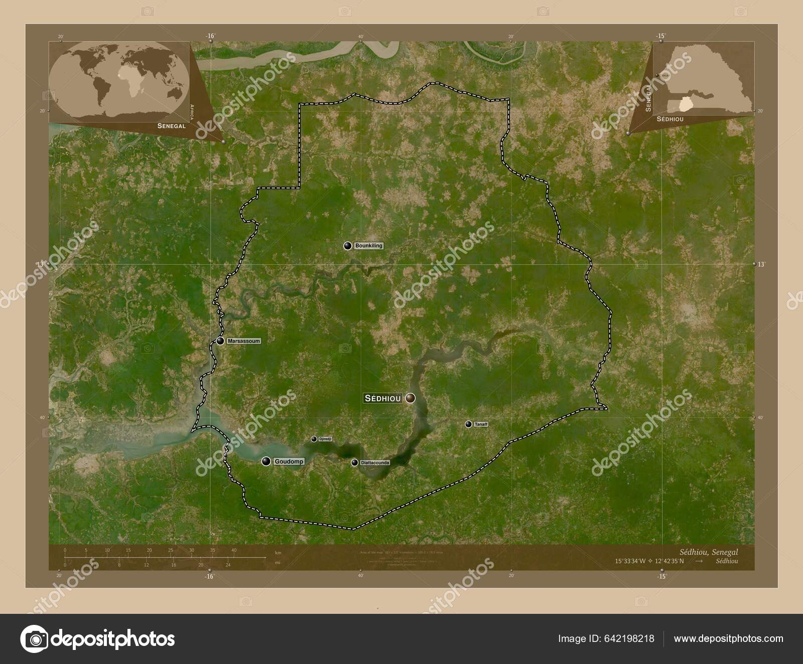 Sedhiou Region Senegal Low Resolution Satellite Map Locations Names ...