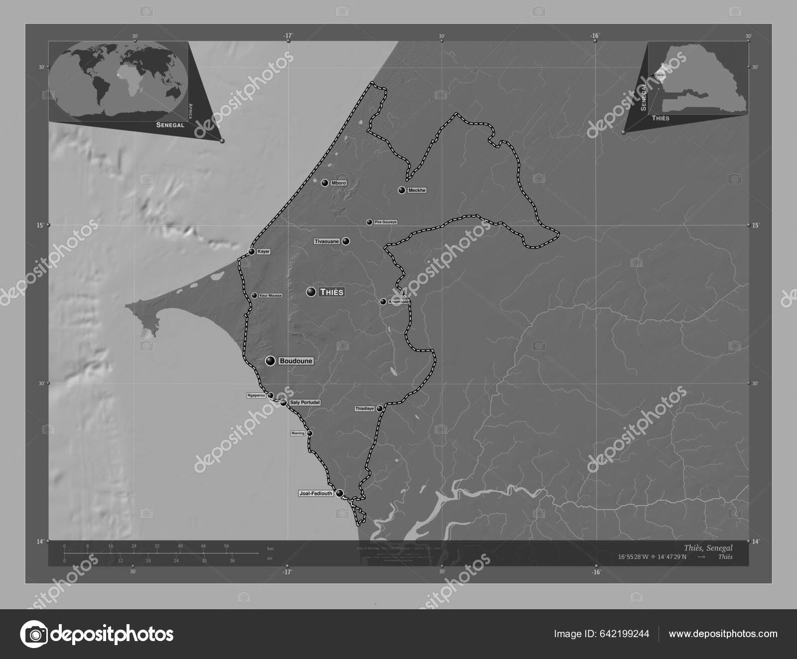 Thies Region Senegal Bilevel Elevation Map Lakes Rivers Locations Names ...