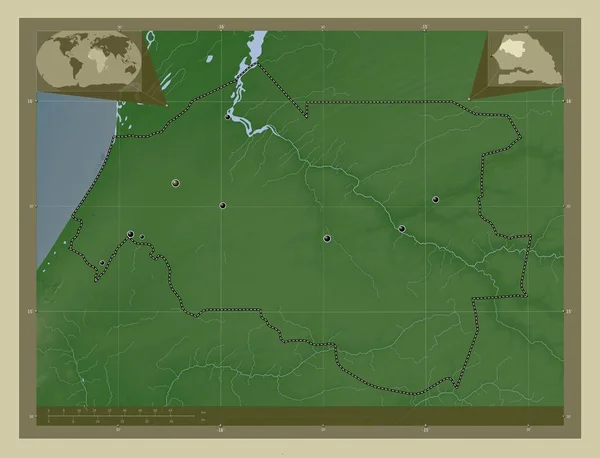 Louga, region of Senegal. Elevation map colored in wiki style with lakes and rivers. Locations ...