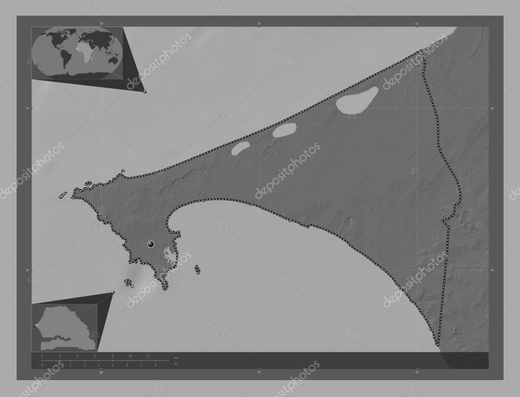 Dakar, región de Senegal. Mapa de elevación de Bilevel con lagos y ríos ...