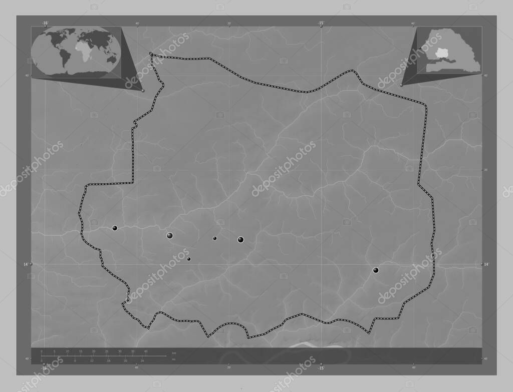 Kaffrine, region of Senegal. Grayscale elevation map with lakes and ...