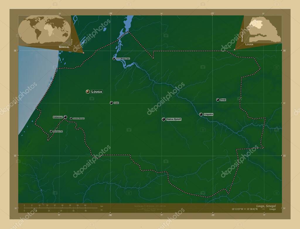 Louga, región de Senegal. Mapa de elevación de colores con lagos y ríos ...