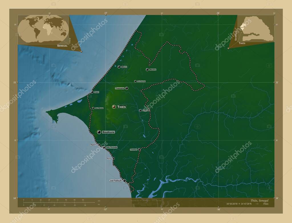 Thies, region of Senegal. Colored elevation map with lakes and rivers. Locations and names of ...