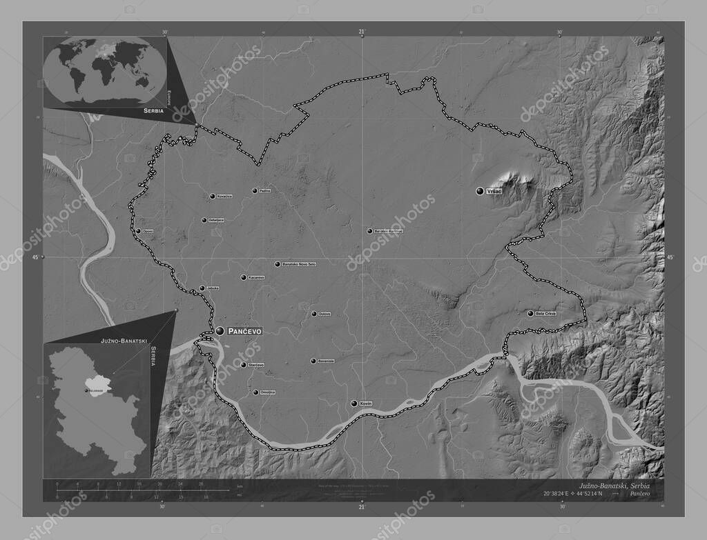 Juzno-Banatski, distrito de Serbia. Mapa de elevación de Bilevel con ...