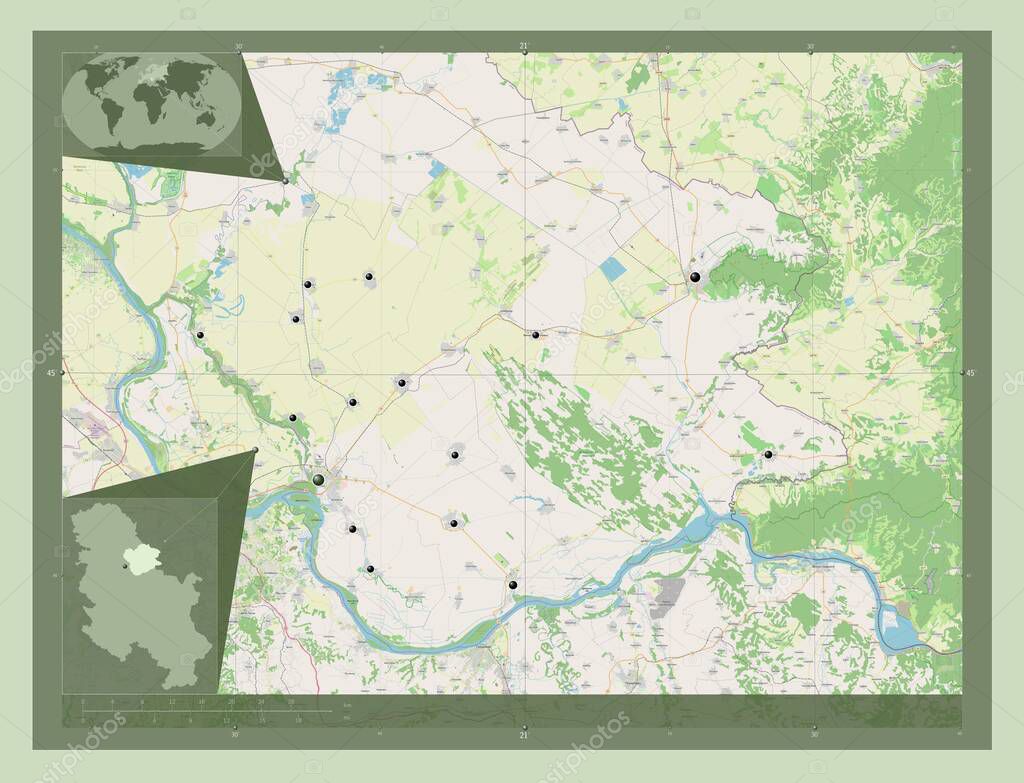 Juzno-Banatski, district of Serbia. Open Street Map. Locations of major ...