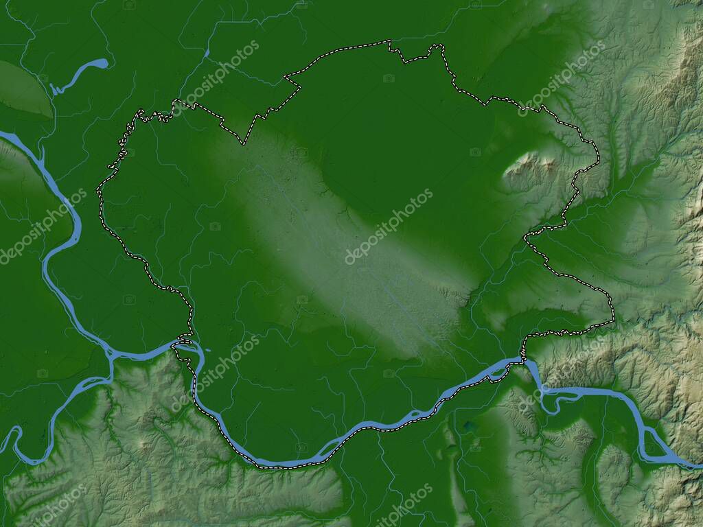 Juzno-Banatski, distrito de Serbia. Mapa de elevación de colores con ...