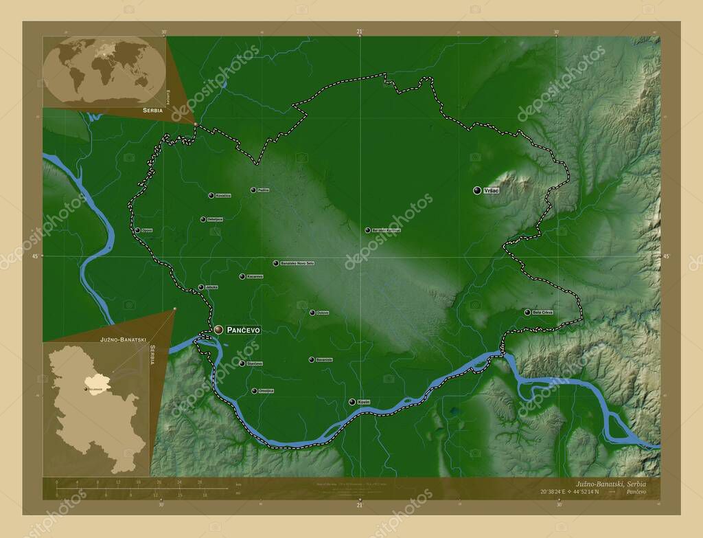 Juzno-Banatski, distrito de Serbia. Mapa de elevación de colores con ...