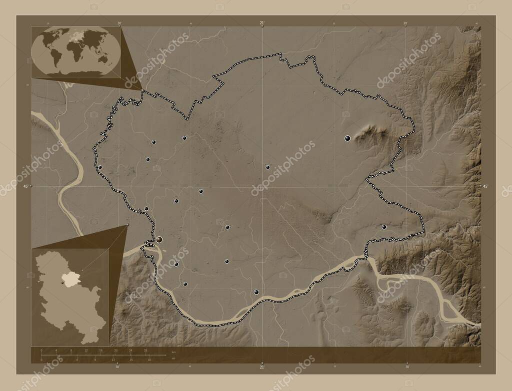 Juzno-Banatski, distrito de Serbia. Mapa de elevación coloreado en ...