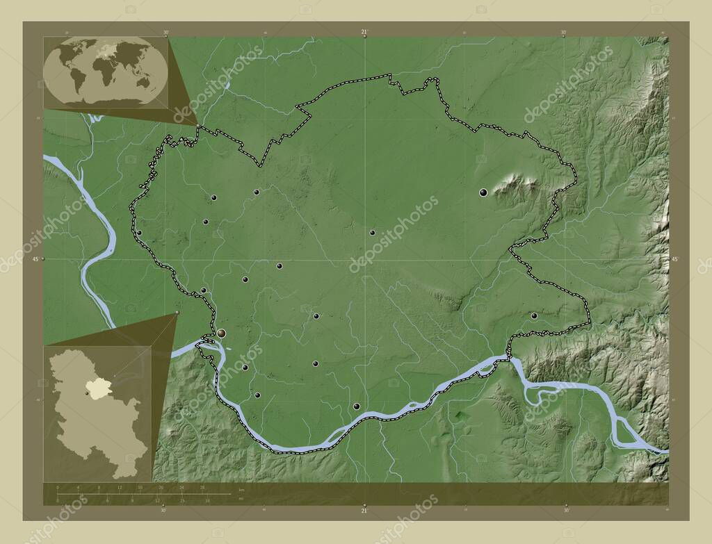 Juzno-Banatski, distrito de Serbia. Mapa de elevación coloreado en ...