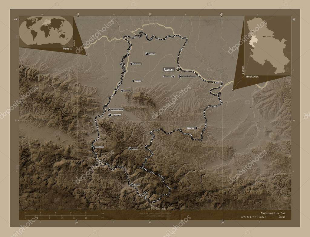 Macvanski, district of Serbia. Elevation map colored in sepia tones ...